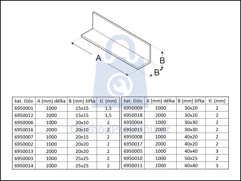 Eloxované hliníkové profily, tvar profilu L, různé rozměry